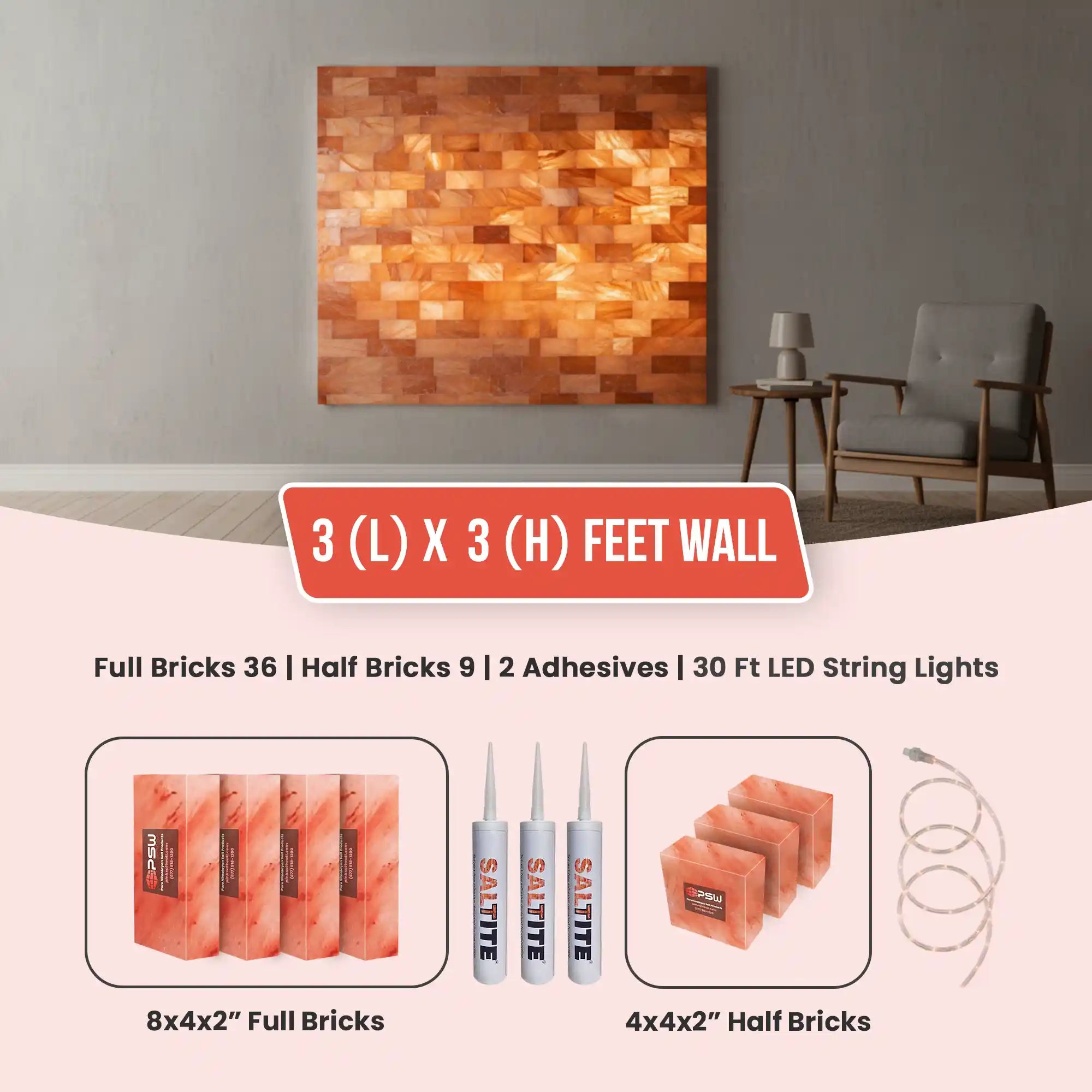 Himalayan Salt Wall Pack (3x3 Ft) 9sq. Ft – Pink Salt Wall
