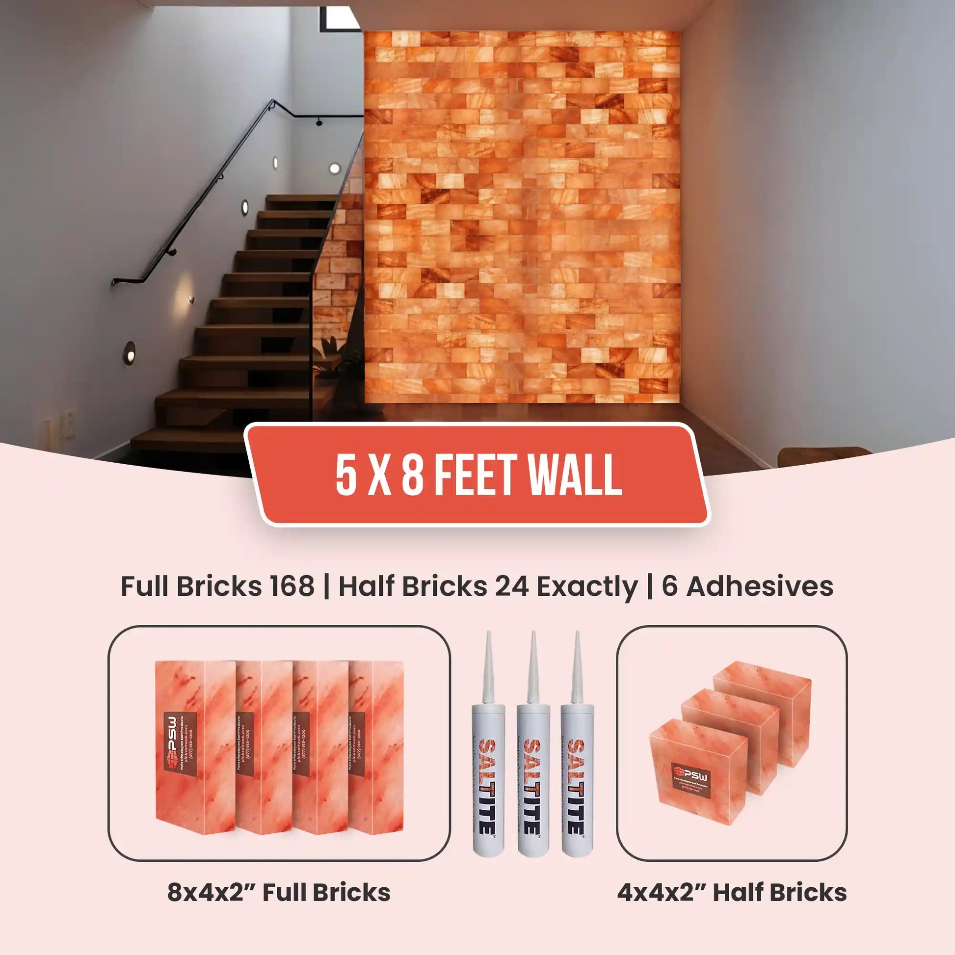 Himalayan Salt Brick Wall | 5x8 Ft, 40 Sq. Ft – Pink Salt Wall
